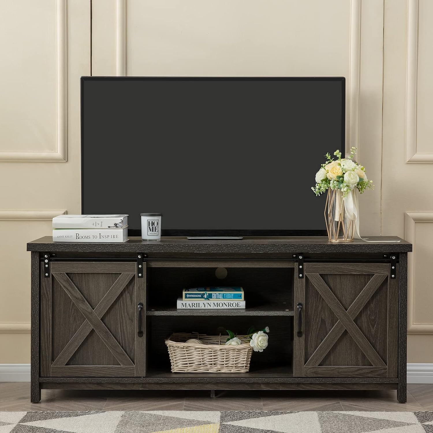 Reliancer Farmhouse TV Stand for TVs up to 65”, with Sliding Barn Doors ...
