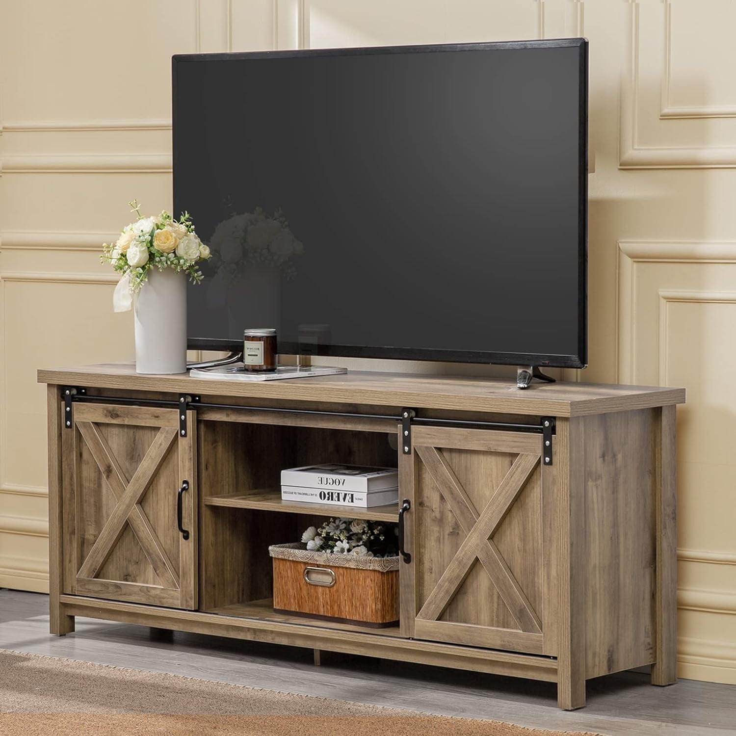 Reliancer Farmhouse TV Stand for TVs up to 65”, with Sliding Barn Doors ...