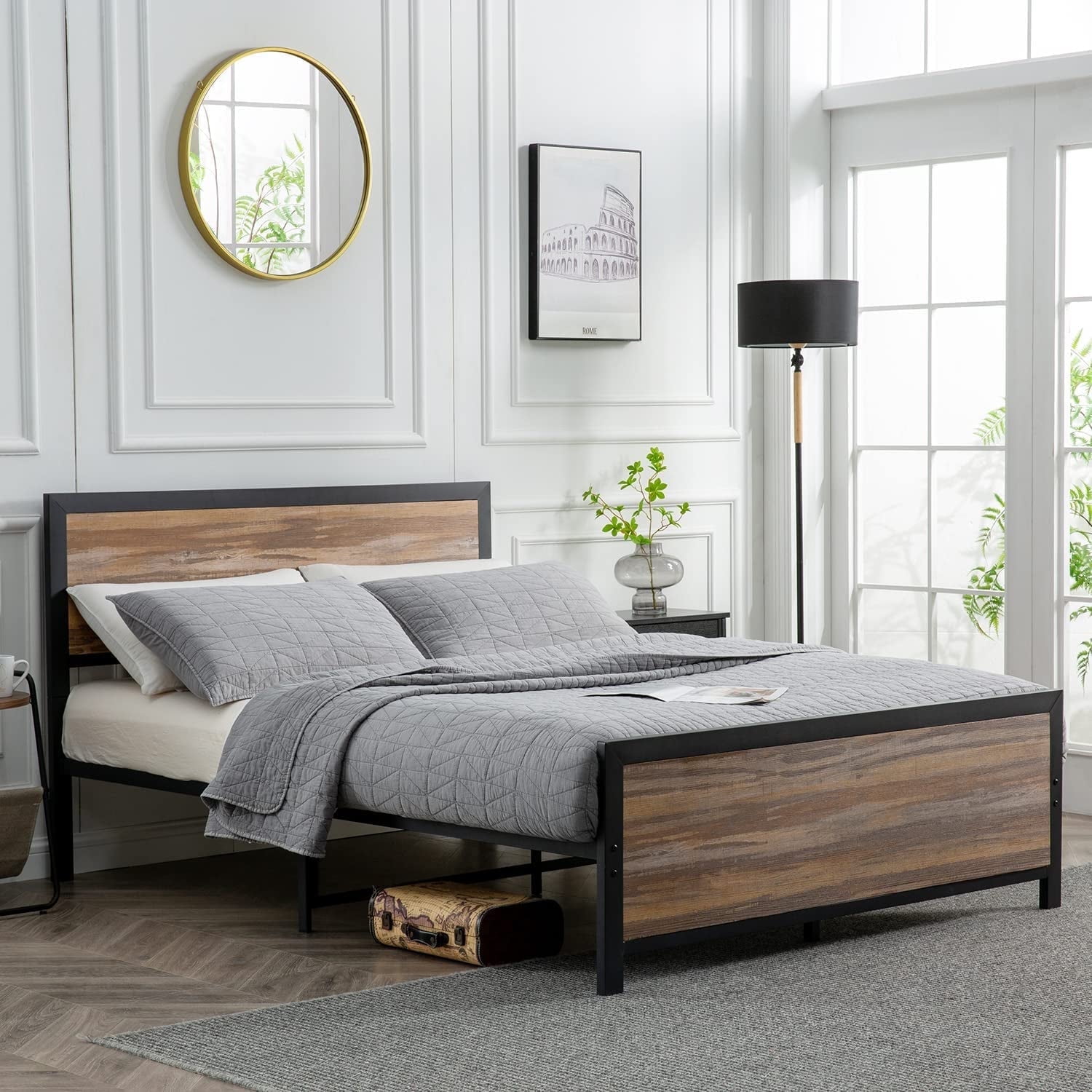 Reliancer Full Size Bed Frame with Wooden Headboard and Footboard Metal Platform Bed Frame with Stable Leg and 10.2inch Under Bed Storage for