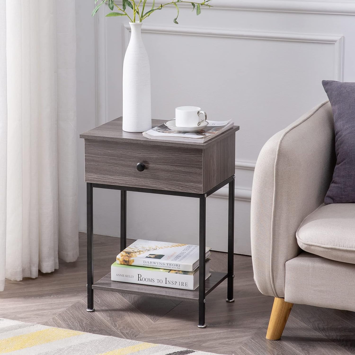 Reliancer End Table, Narrow Side Table with Drawer and Storage, Wood ...