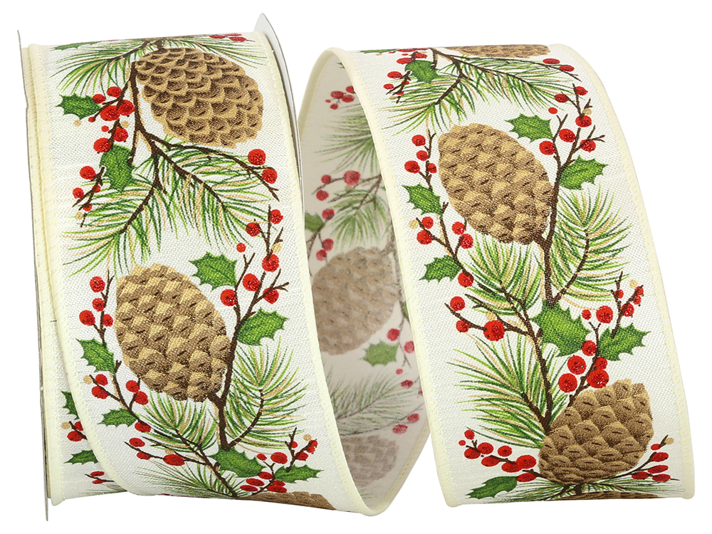 Reliant Ribbon - 93185W-810-40H, Pinecone Holly Berries Linen Wired ...
