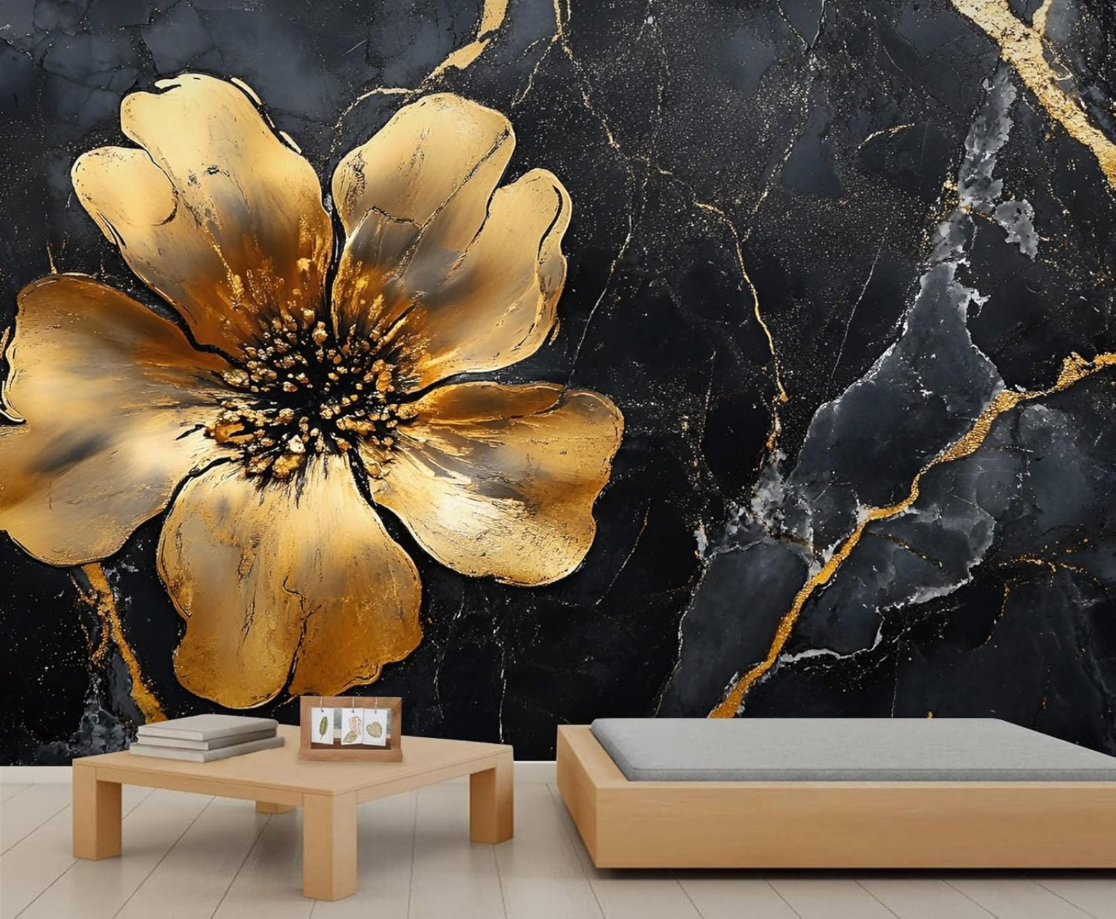 Relief Gold Flowers Wall Mural, Luxury Black Marble Mural Wallpaper ...