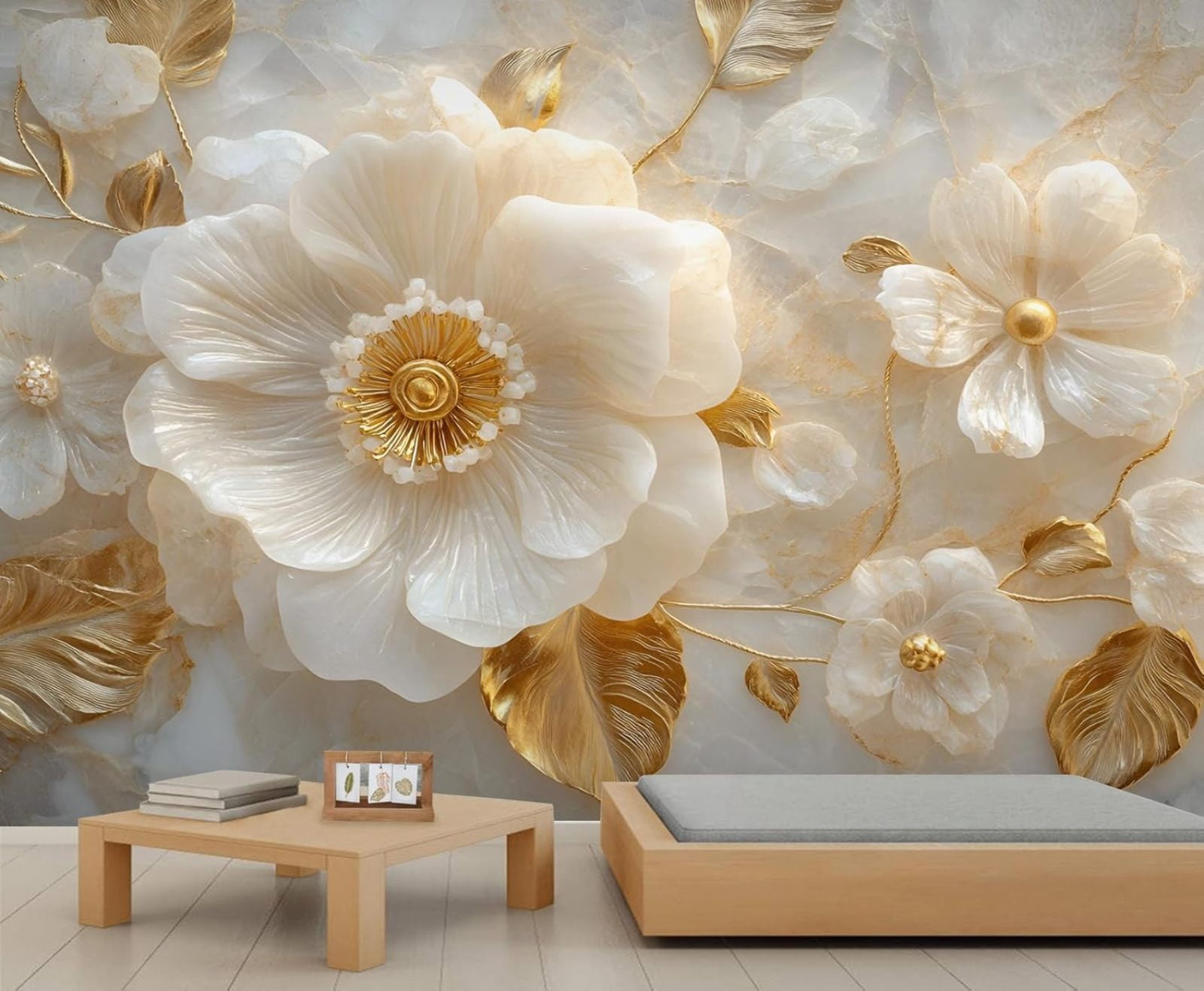 Relief White Flowers Wall Mural, Luxury Gold Leaf Mural Wallpaper ...