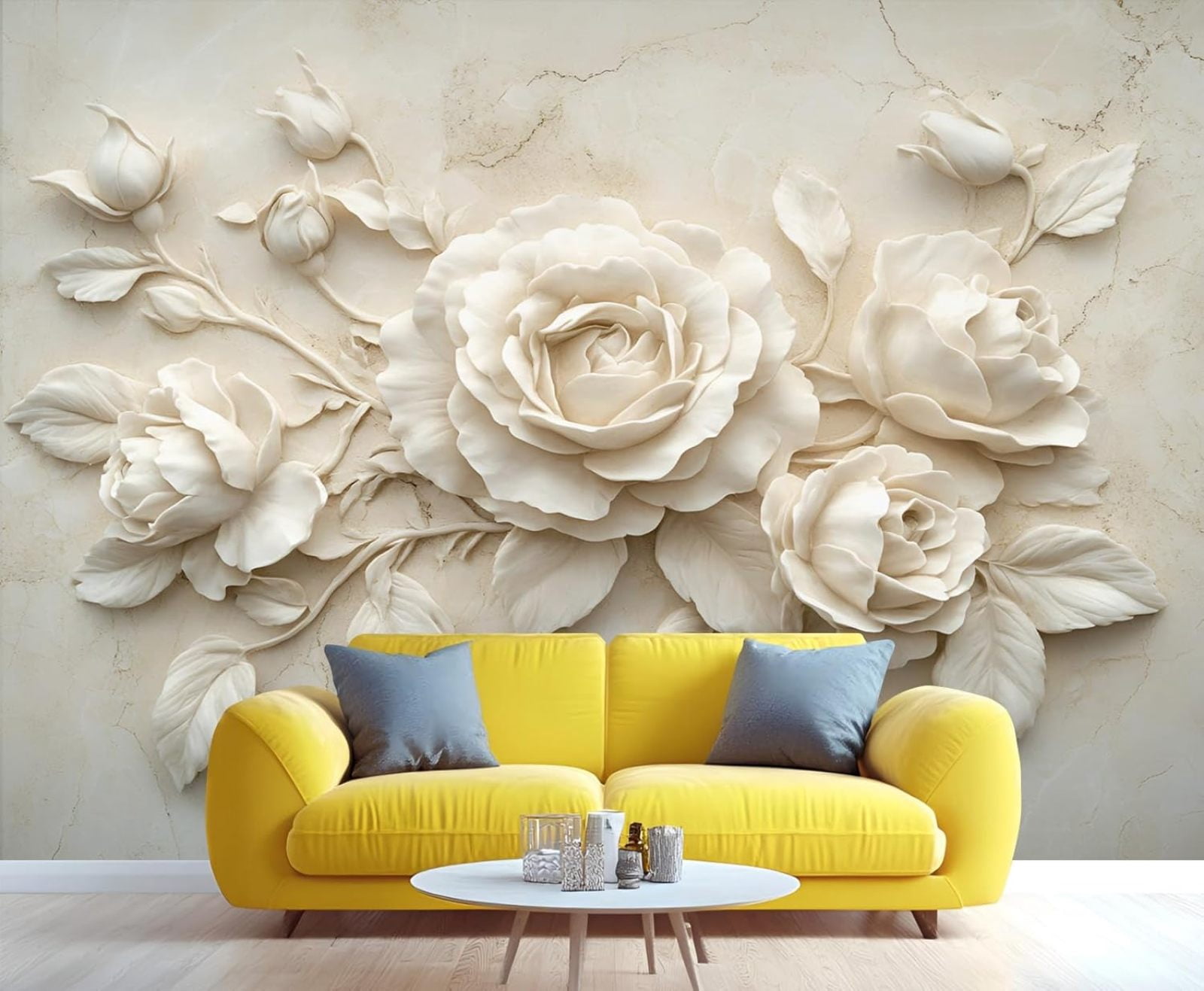Relief White Peony Flowers Mural Wallpaper, Abstract Marble Wall Mural ...