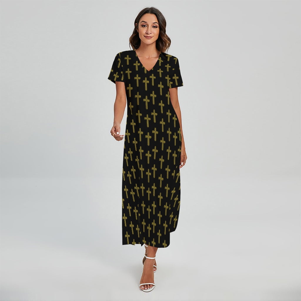 Religious Cross Pattern Printed Short Sleeve Maxi Dress, Jesus ...