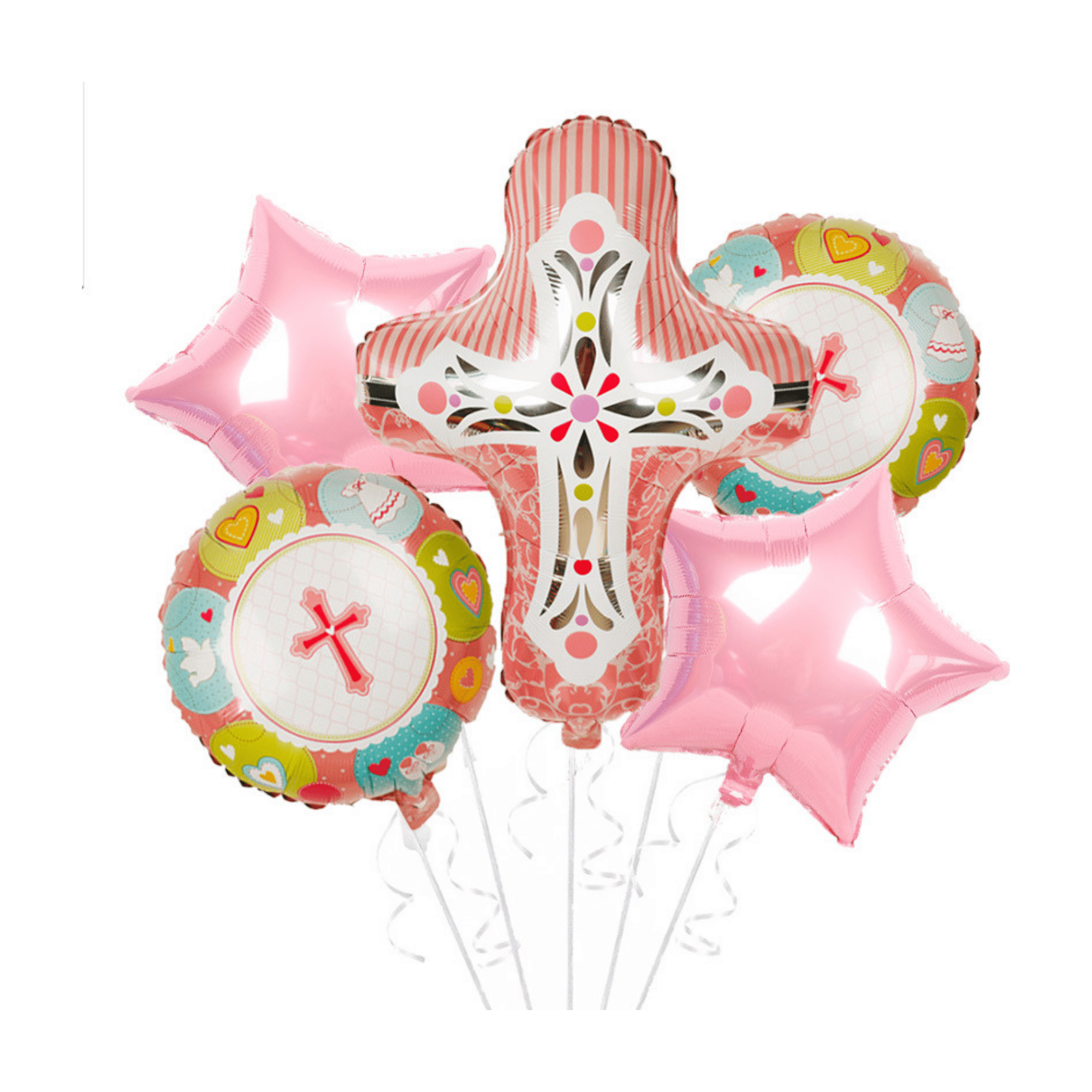 Religious Cross Pink Party Balloon Set with Mylar Stars and Round ...