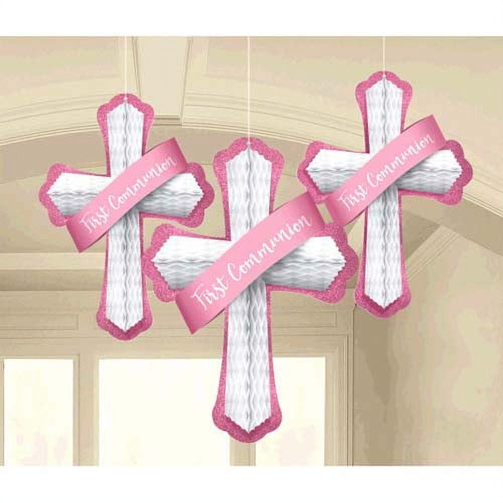 Religious 'First Communion' Pink Honeycomb Decorations (3pc) - Walmart.com