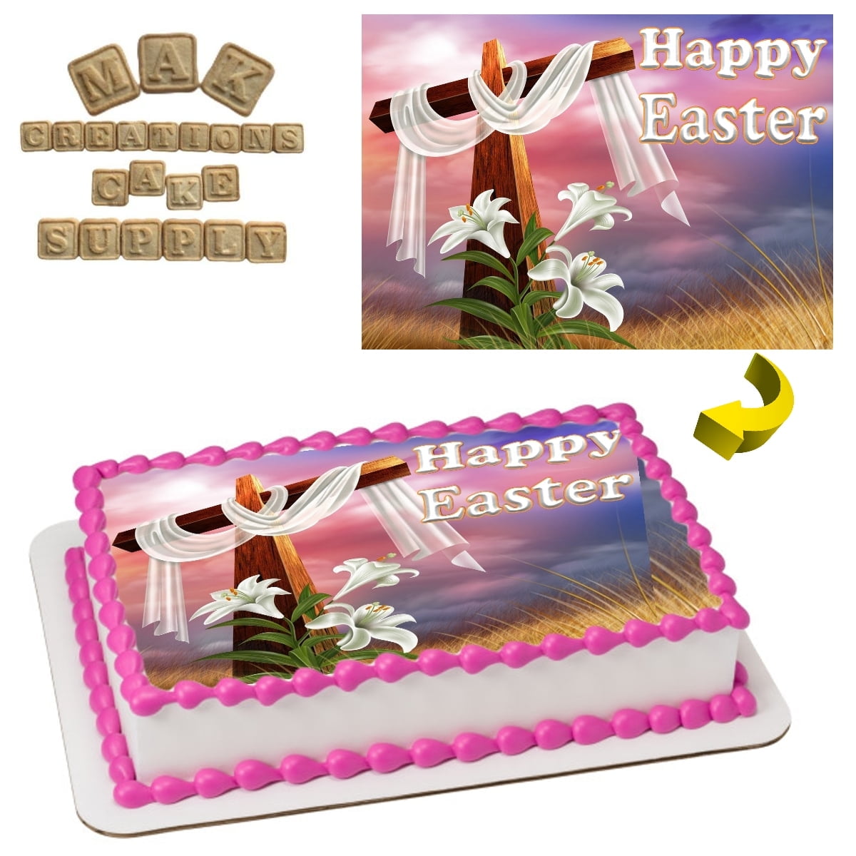 Religious Happy Easter Cross 1/4 Sheet Edible Cake Topper ~ Can be used ...