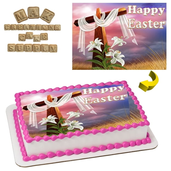 Religious Happy Easter Cross 1/4 Sheet Edible Cake Topper ~ Can be used ...