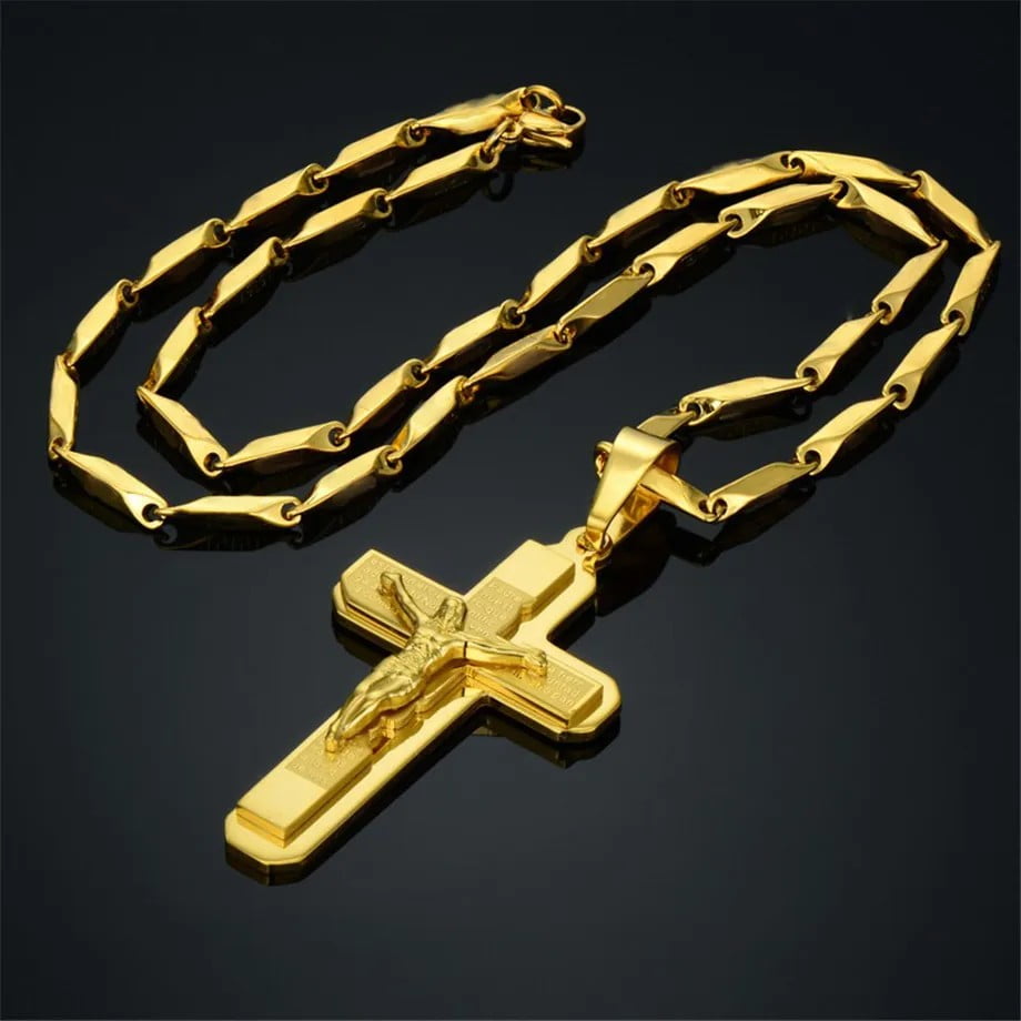 Religious Jesus Cross Necklace Pendant For Men 14K Yellow Gold Crucifix ...