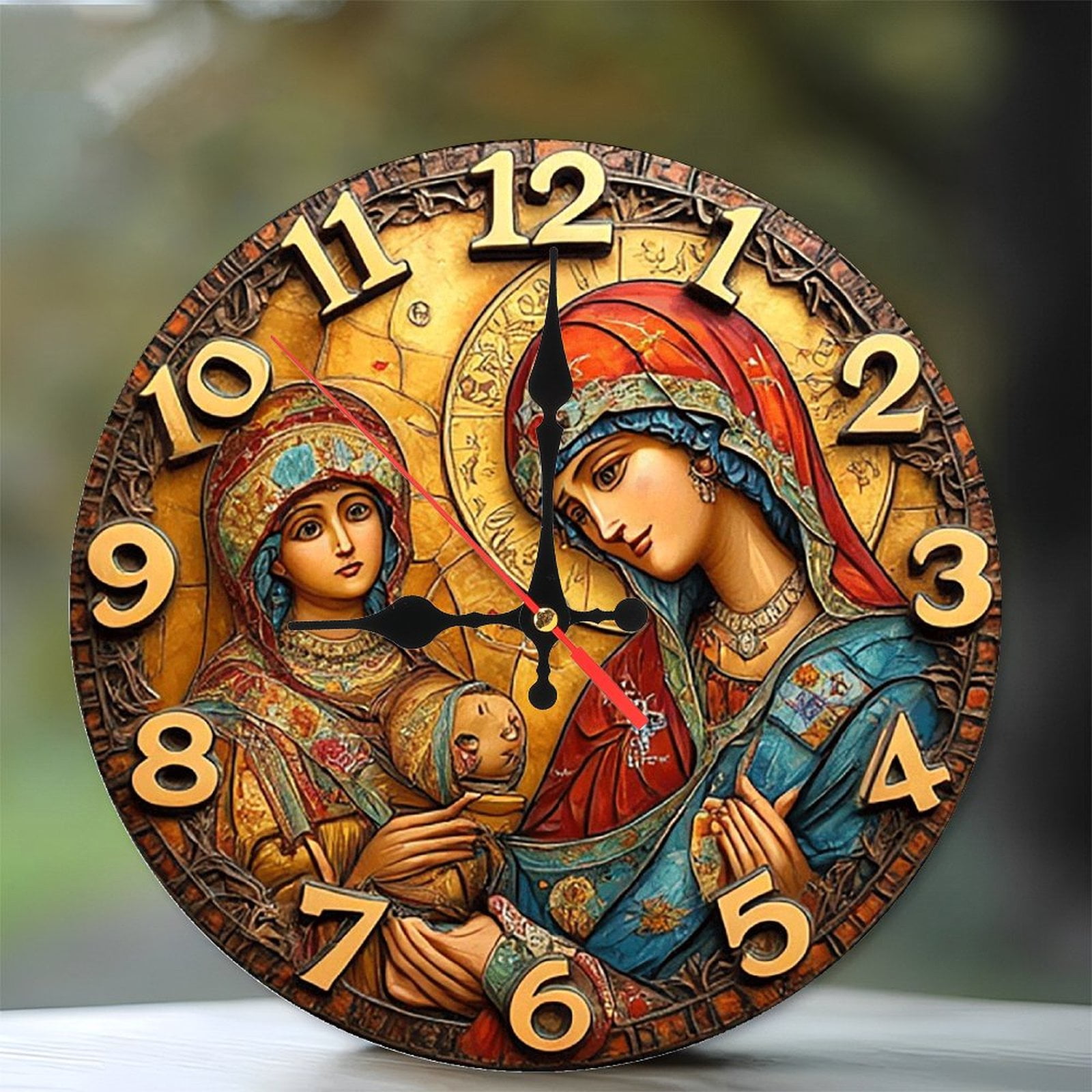 Religious Madonna Wall Clock Handcrafted Art 10-Inch Silent Wooden Wall ...