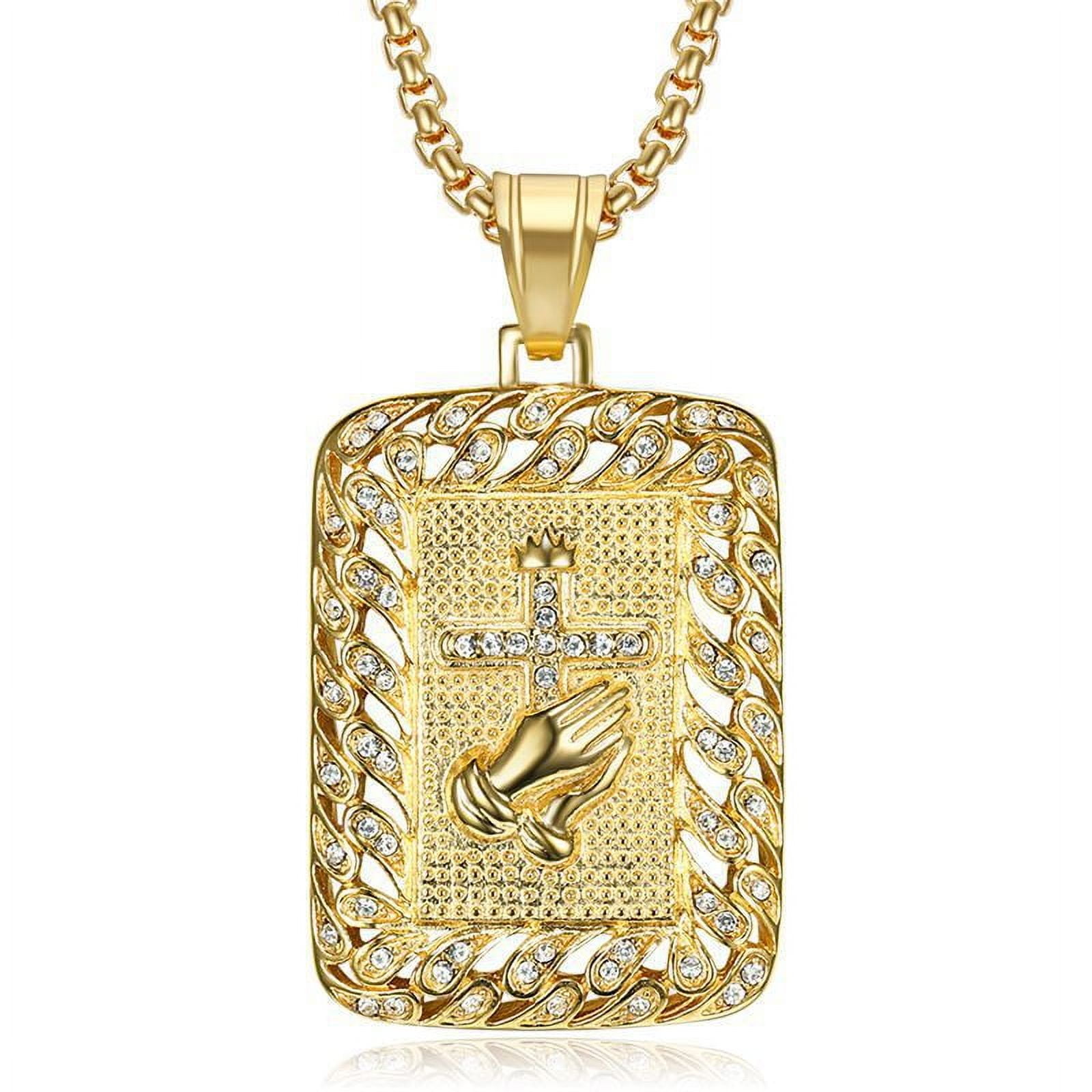 Religious Praying Hands Cross Pendant Male 14K Yellow Gold Christian Square Necklaces for Men ...