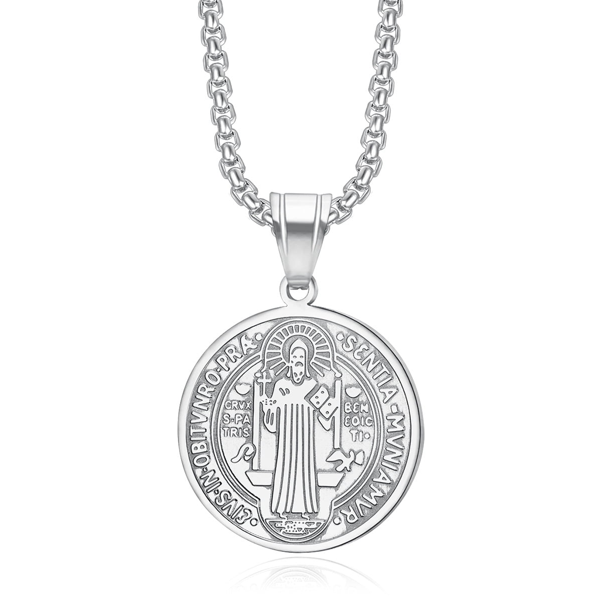 Religious San Benito Medal Pendant 14K Yellow Gold Chain Golden Silver ...