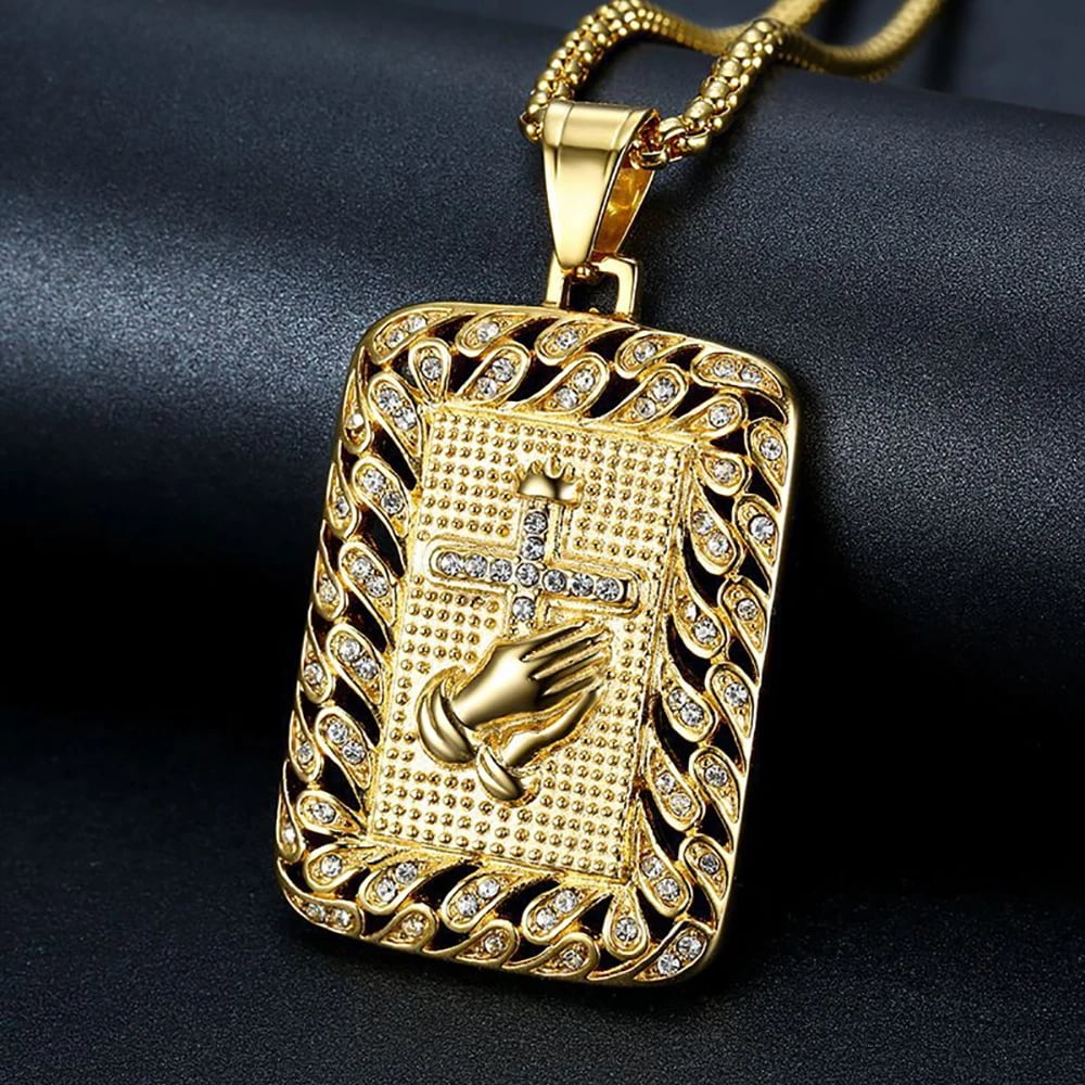 Religious Square Praying Hands Cross Pendant Necklace for Women/Men 14K Yellow Gold Christian ...