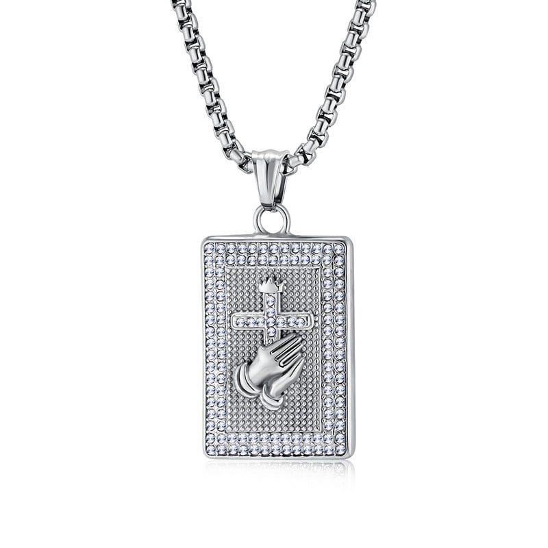 Religious Square Praying Hands Cross Pendant Necklace for Women/Men Stainless Steel Christian ...