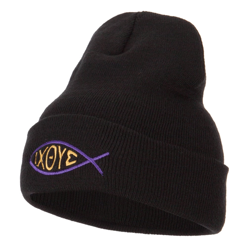 Religious Symbol of Christ Embroidered Long Beanie - Black OSFM ...