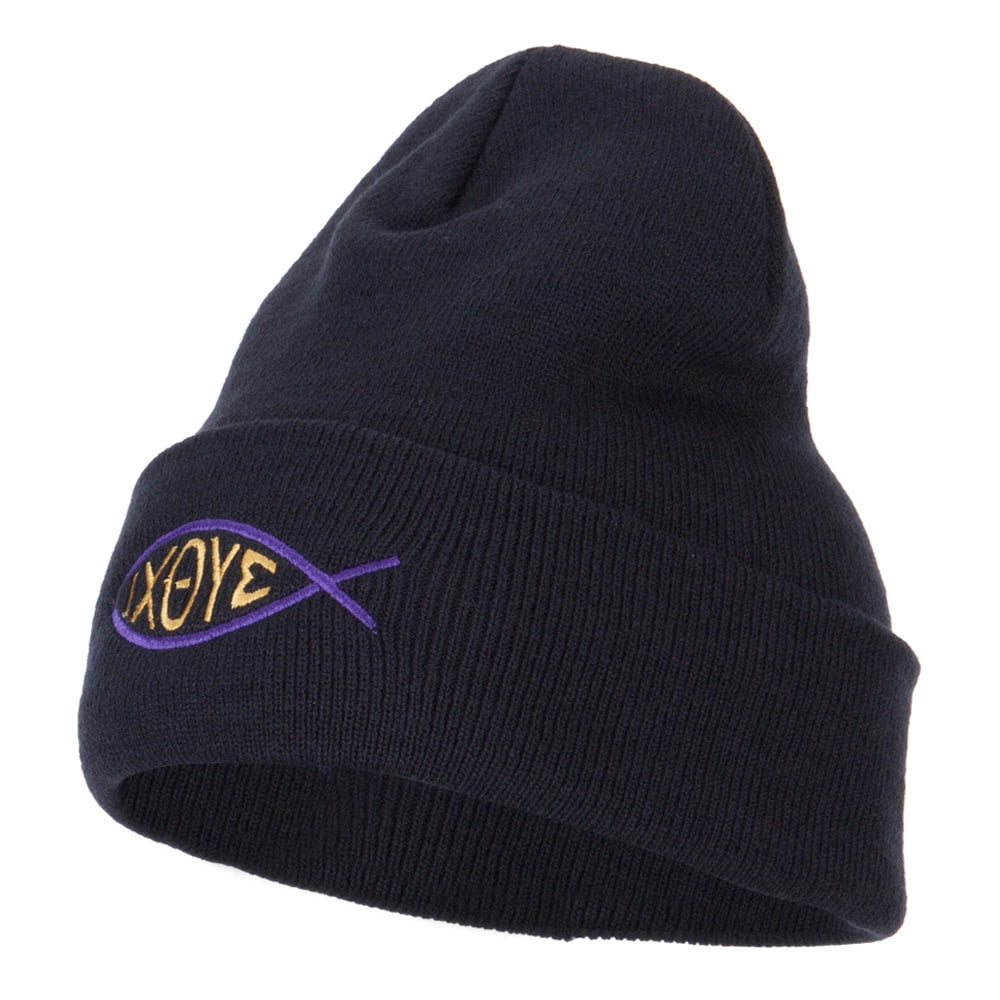 Religious Symbol of Christ Embroidered Long Beanie - Navy OSFM ...