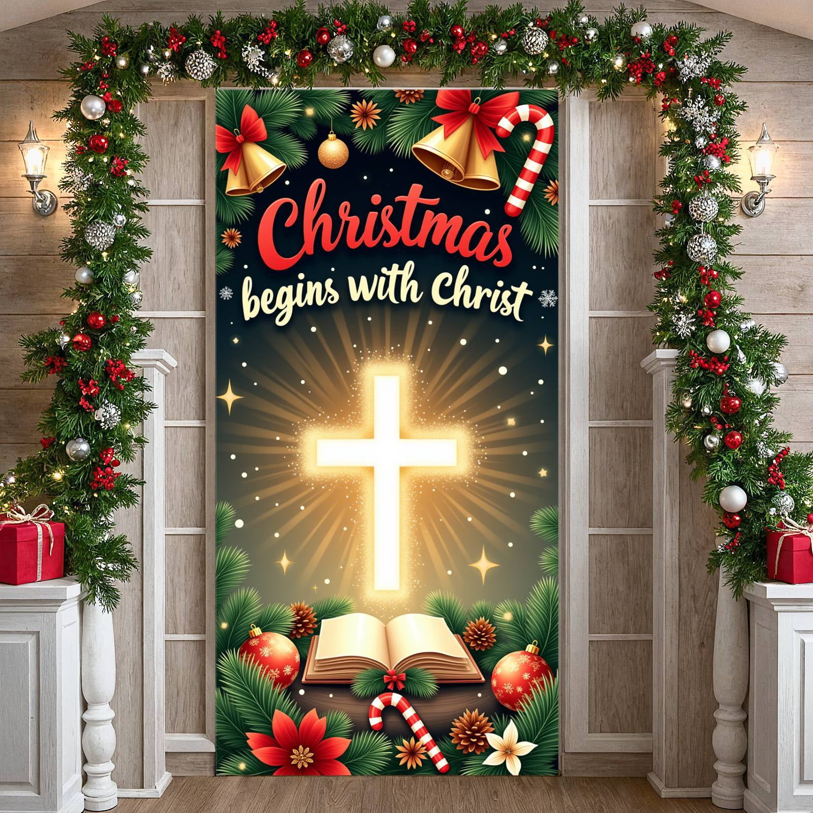 Religious Theme Christmas Banner Christian Christian Display Cross ...