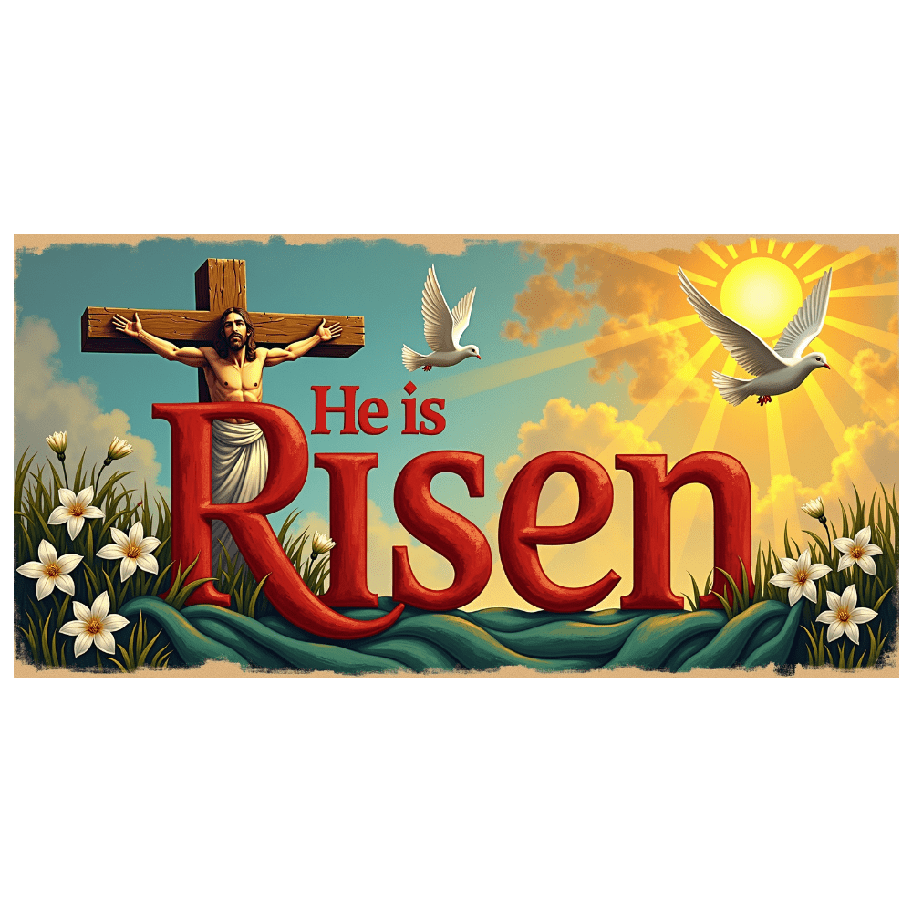 Religious Themed Easter Banner with Cross Dove and Floral Elements, He ...