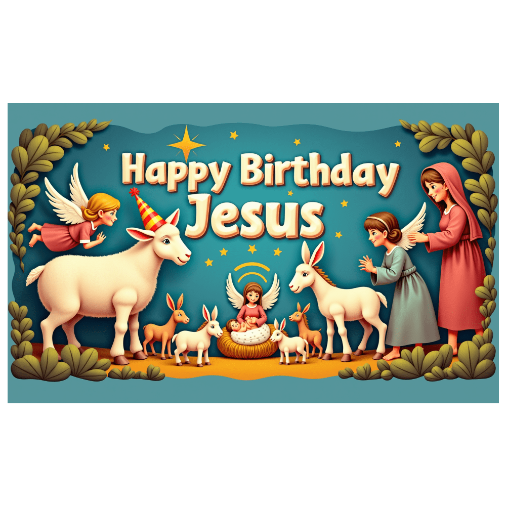 Religious Themed Happy Birthday Jesus Backdrop Banner with Angels Lambs ...