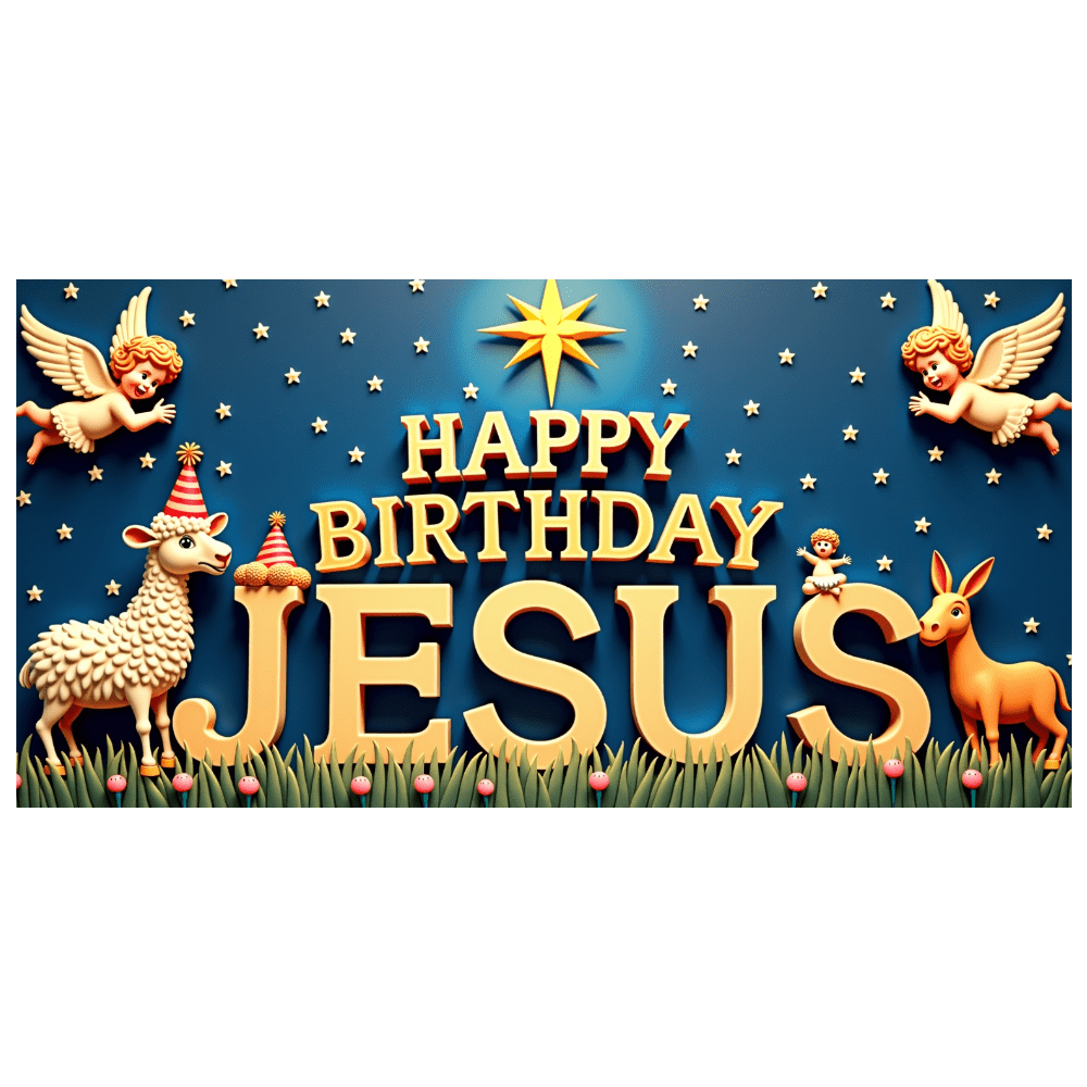 Religious Themed Happy Birthday Jesus Backdrop Banner with Angels Lambs ...