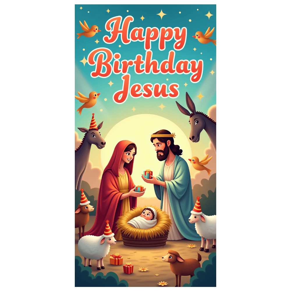 Religious Themed Happy Birthday Jesus Backdrop Banner, Featuring Angels ...