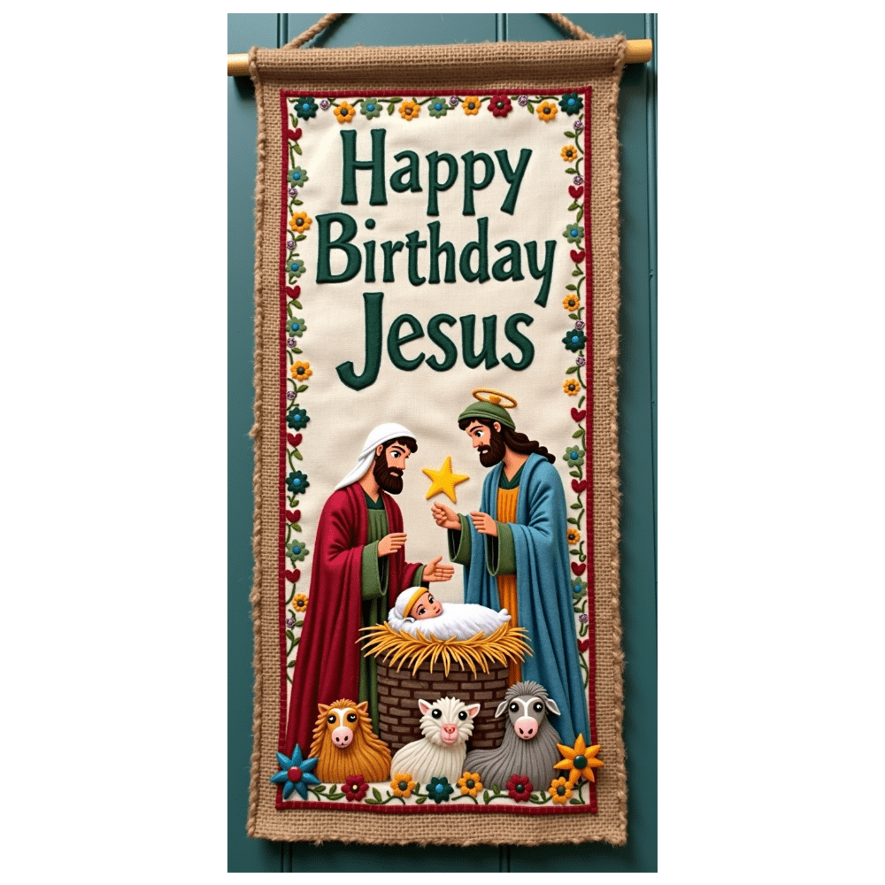 Religious Themed Happy Birthday Jesus Banner with Angels Shepherds and ...