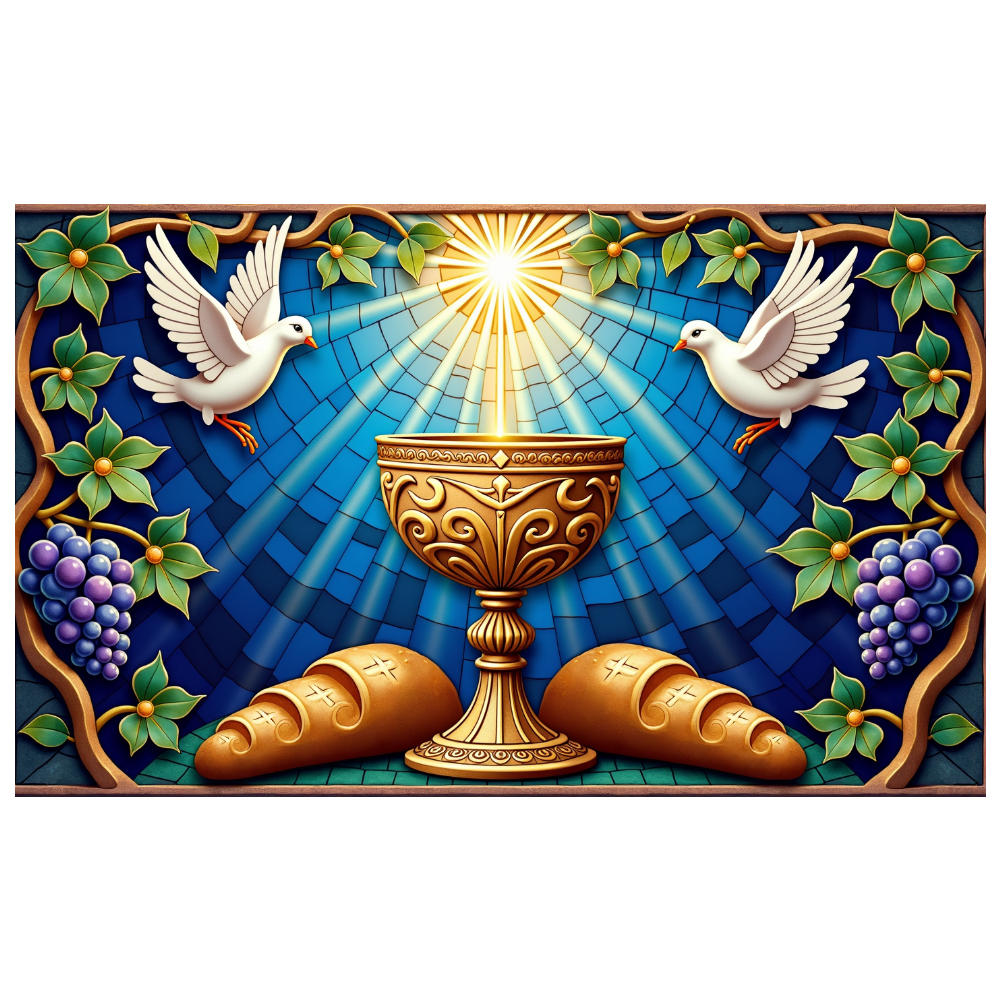 Religious Themed Stained Glass Style Banner with Dove Grape Chalice and ...