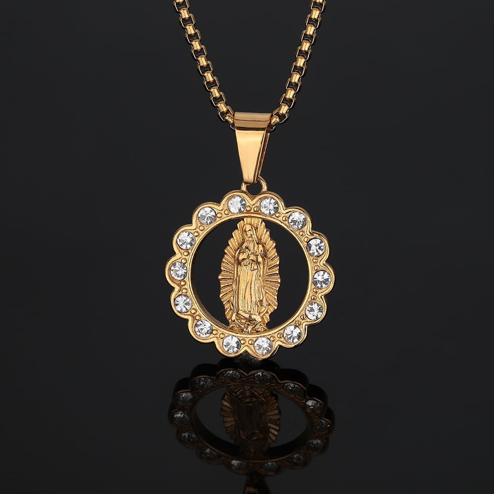 Religious Virgin Mary Medal 14K Yellow Gold Pendant Necklace Rainbow CZ ...