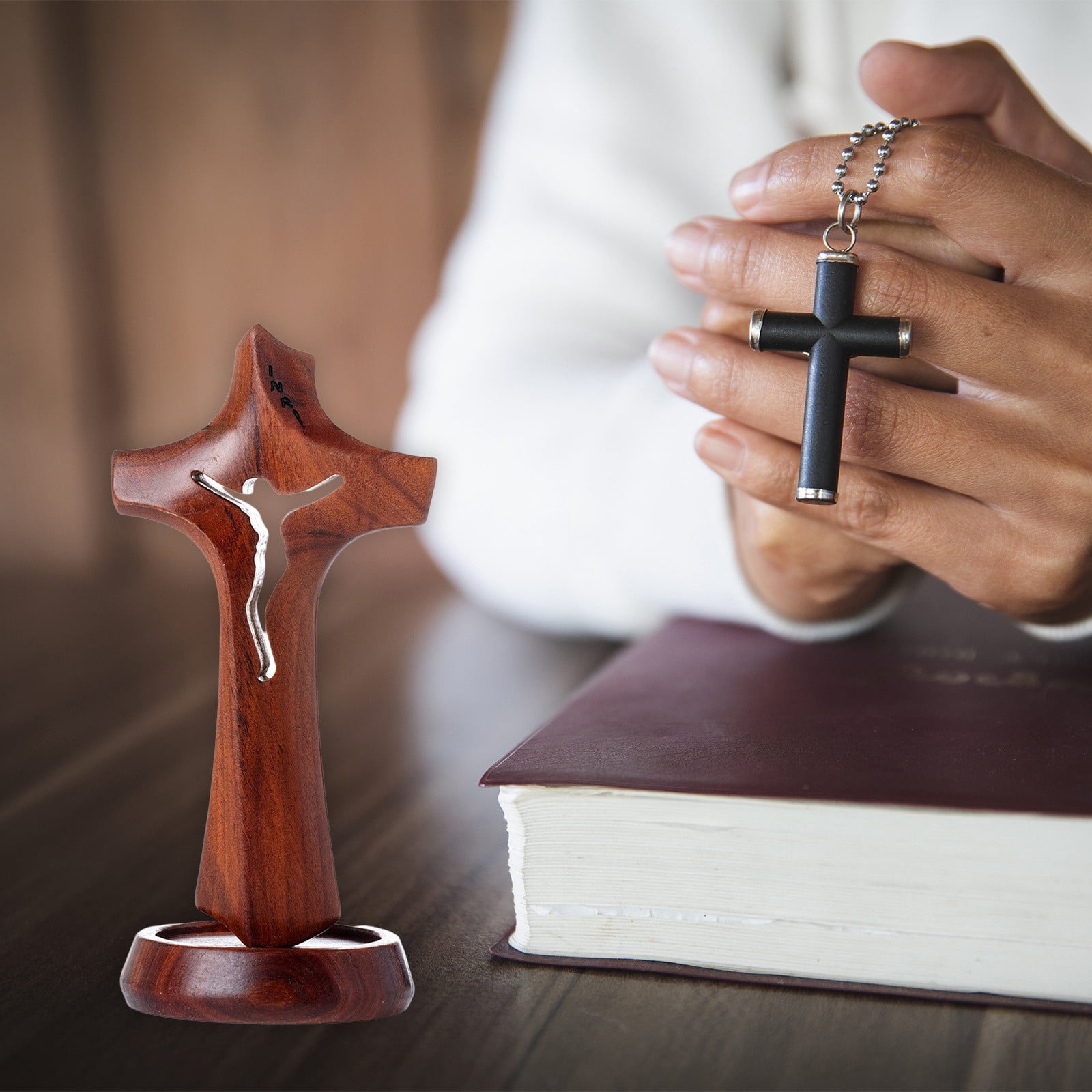 ‌Religious Wooden Crucifix Statue with Silver Jesus Figurine,4.3in Tall ...