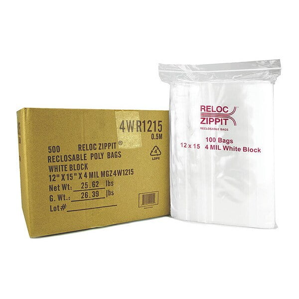 Reloc Zippit Reclosable Poly Bag,Zip Seal,PK500 4WR1215 - Walmart.com