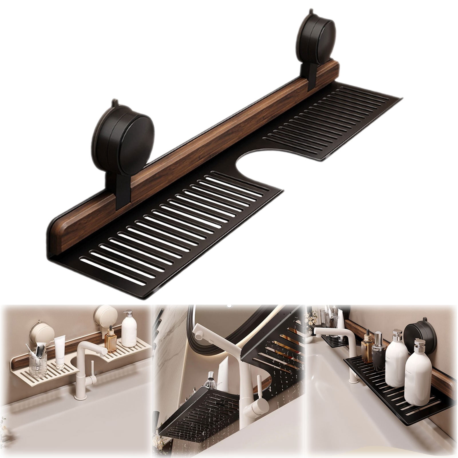 Relocy Black Suction Cup Shelf for Faucet, Walnut Bathroom Kitchen ...