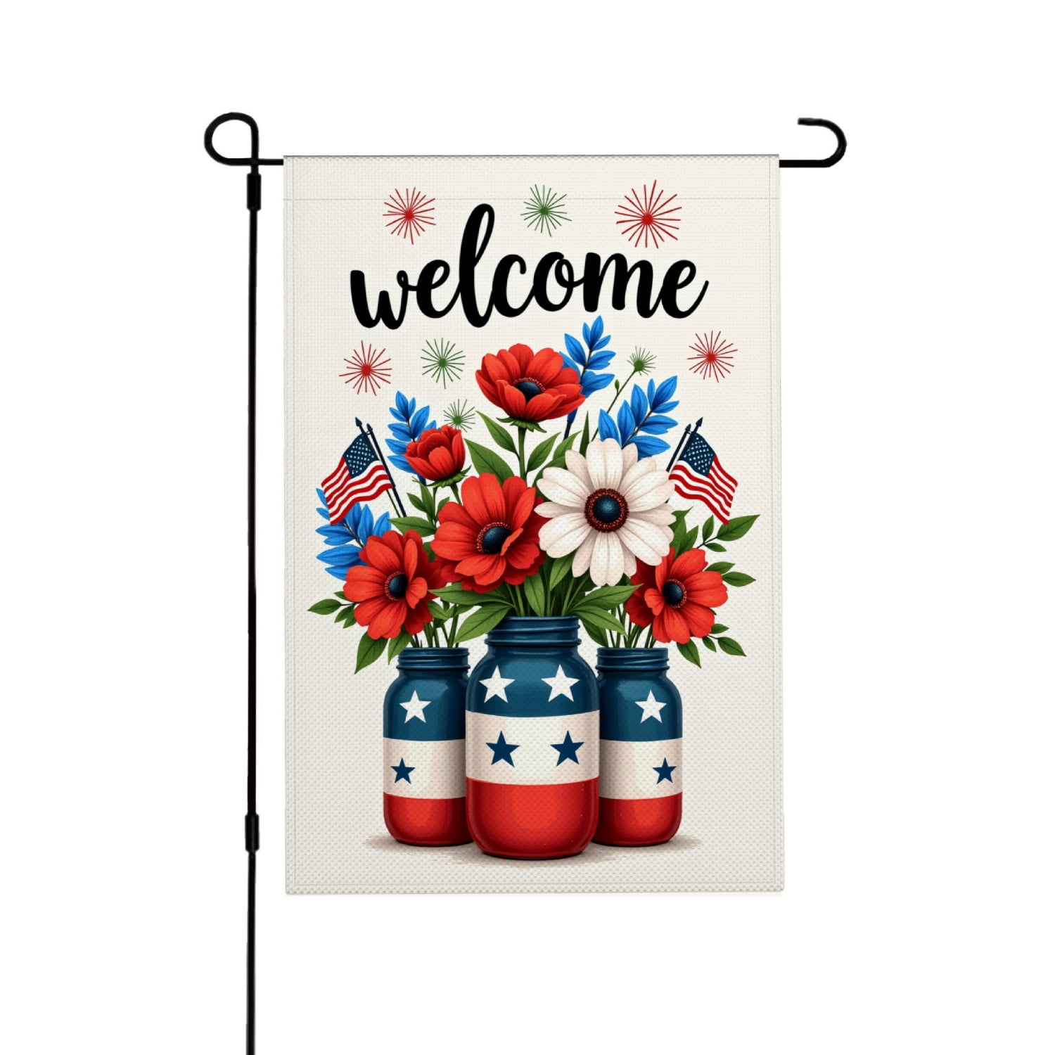 Remain Unique Welcome Patriotic Flowers and Jars Linen Garden Flag for ...