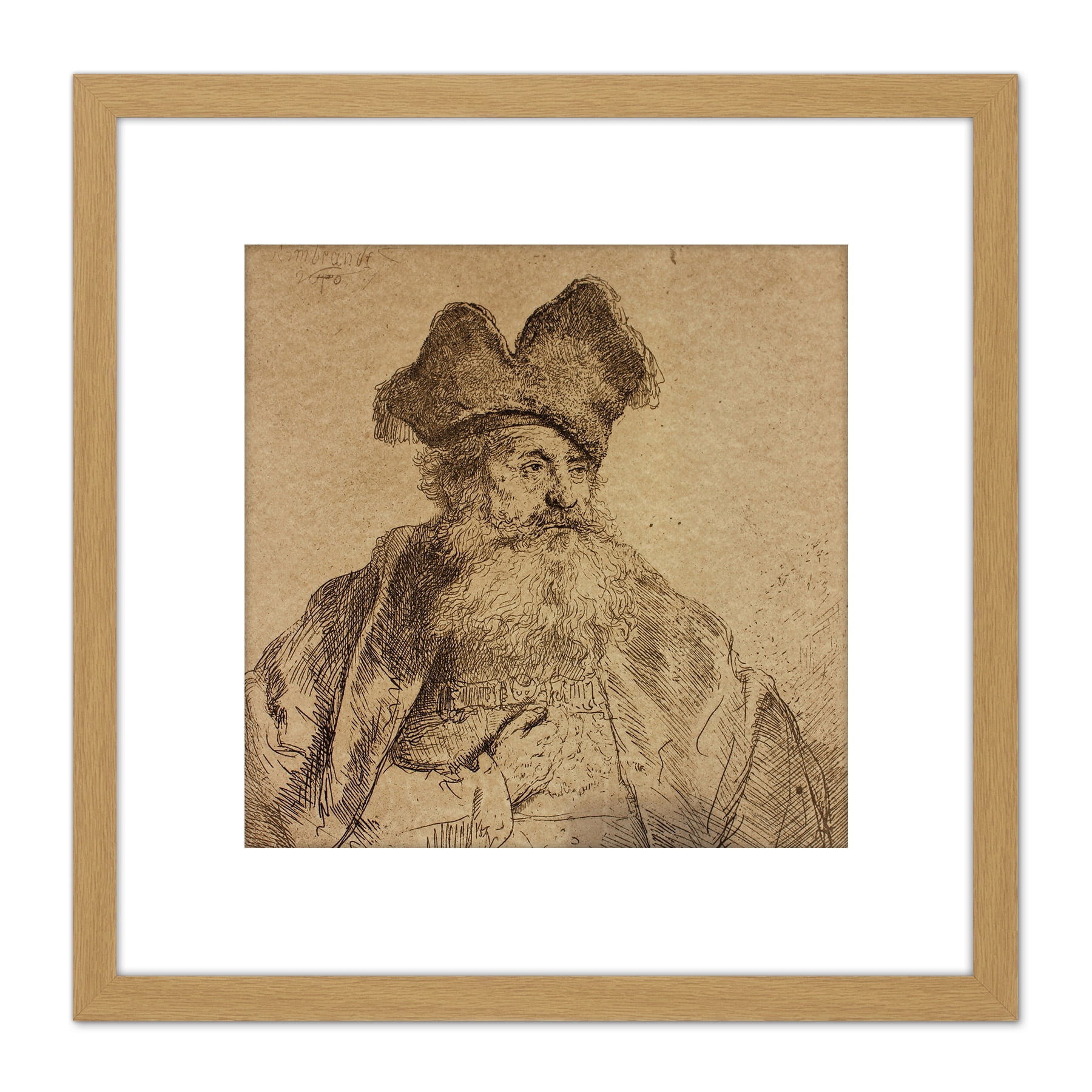 Rembrandt Old Man Divided Fur Cap Sketch Drawing 8X8 Inch Square Wooden ...