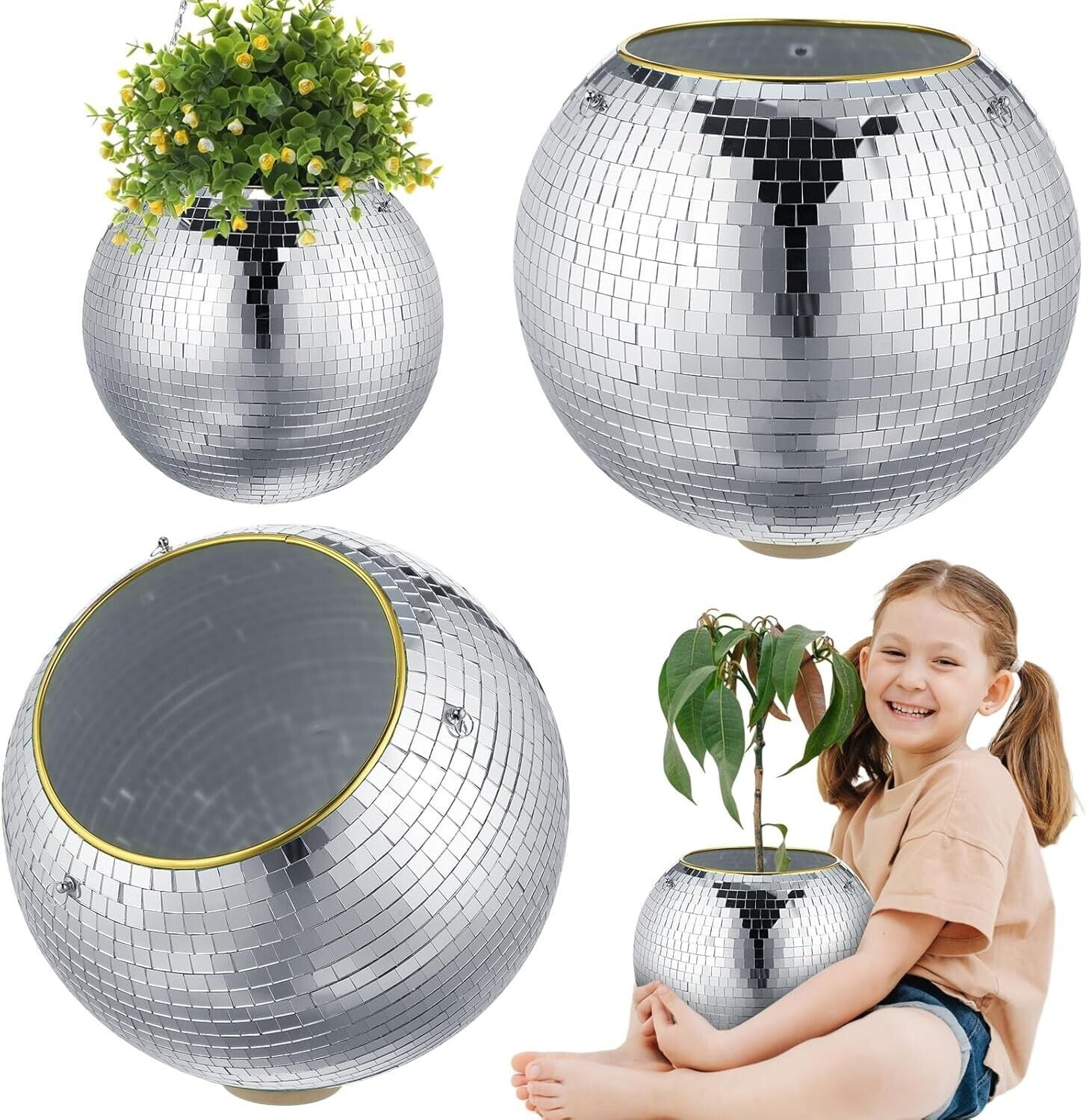 Remerry 3-Pack 12" Silver Disco Ball Planters Boho Hanging Flower Pots ...