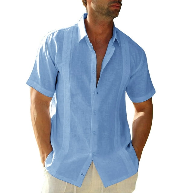Remikst Men's Linen Cotton Cuban Shirt, Big Casual Summer Short Sleeve Button Down Beach Shirt M ...