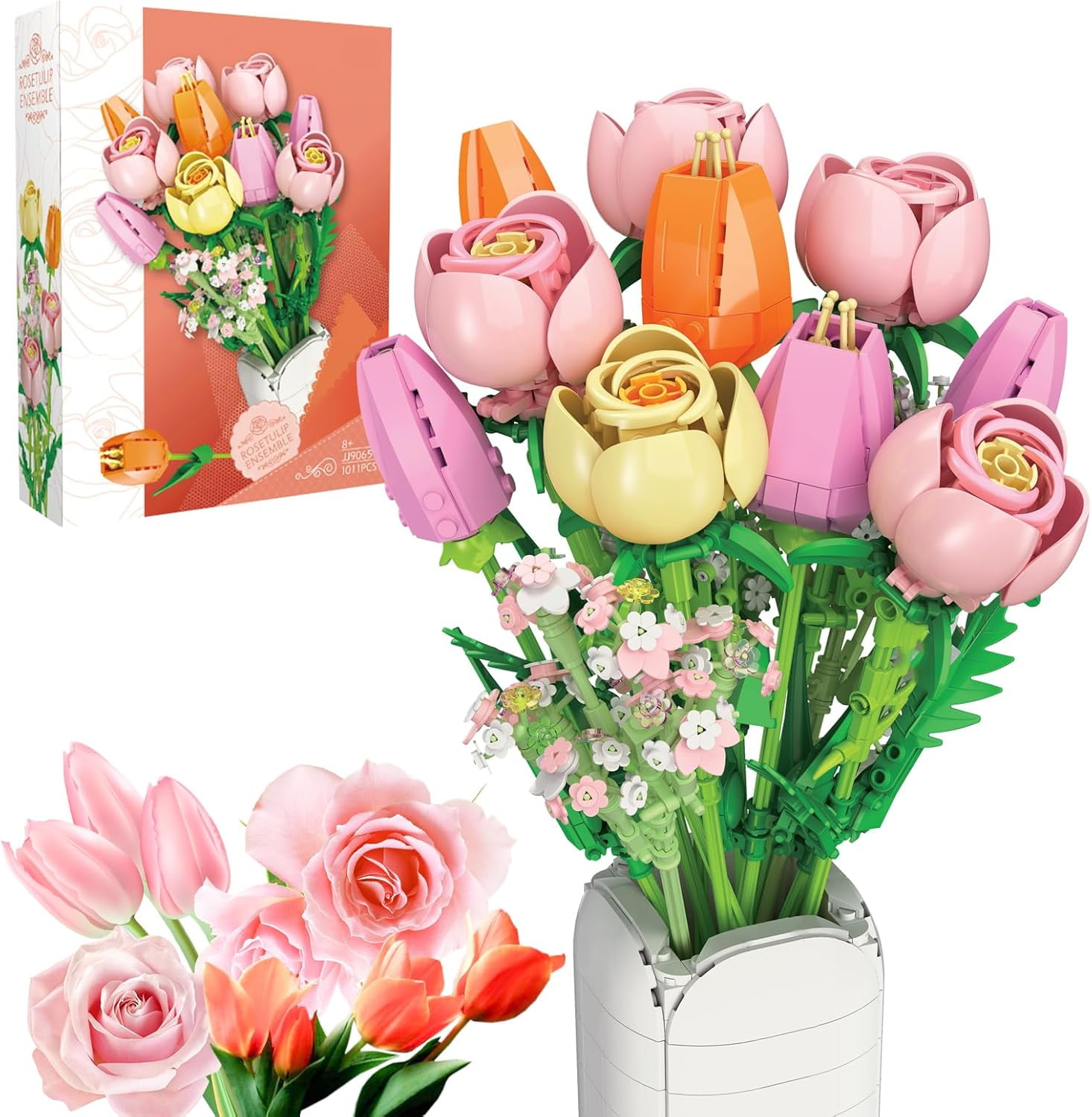 Remocguys Flowers Bouquet Building Set Tulips Roses with Vase for ...