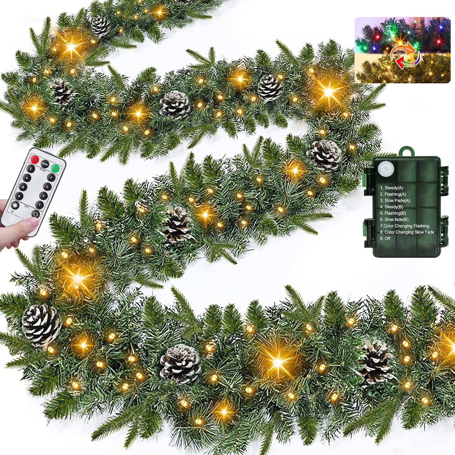 Remote Control - 9Ft Pre-Lit Christmas Garland Decorations Timer 50 ...
