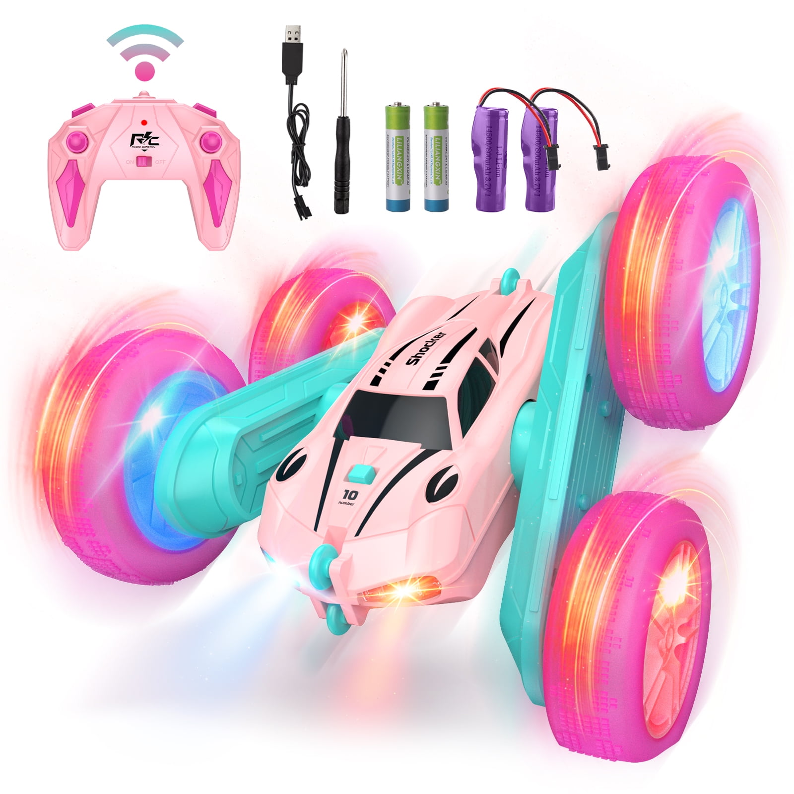Remote Control Car,Double Sided 360°Rotating 4WD Stunt Cars with Headlights 2.4Ghz Rechargeable ...