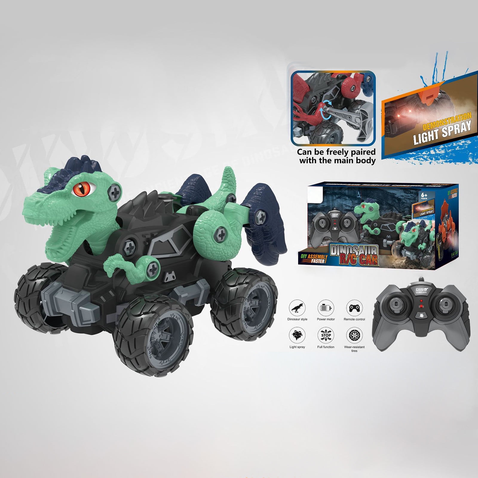 Remote Control Dinosaur Car, Monster Truck 2 Shapes Dino Replacement with Spray Mist Lights ...
