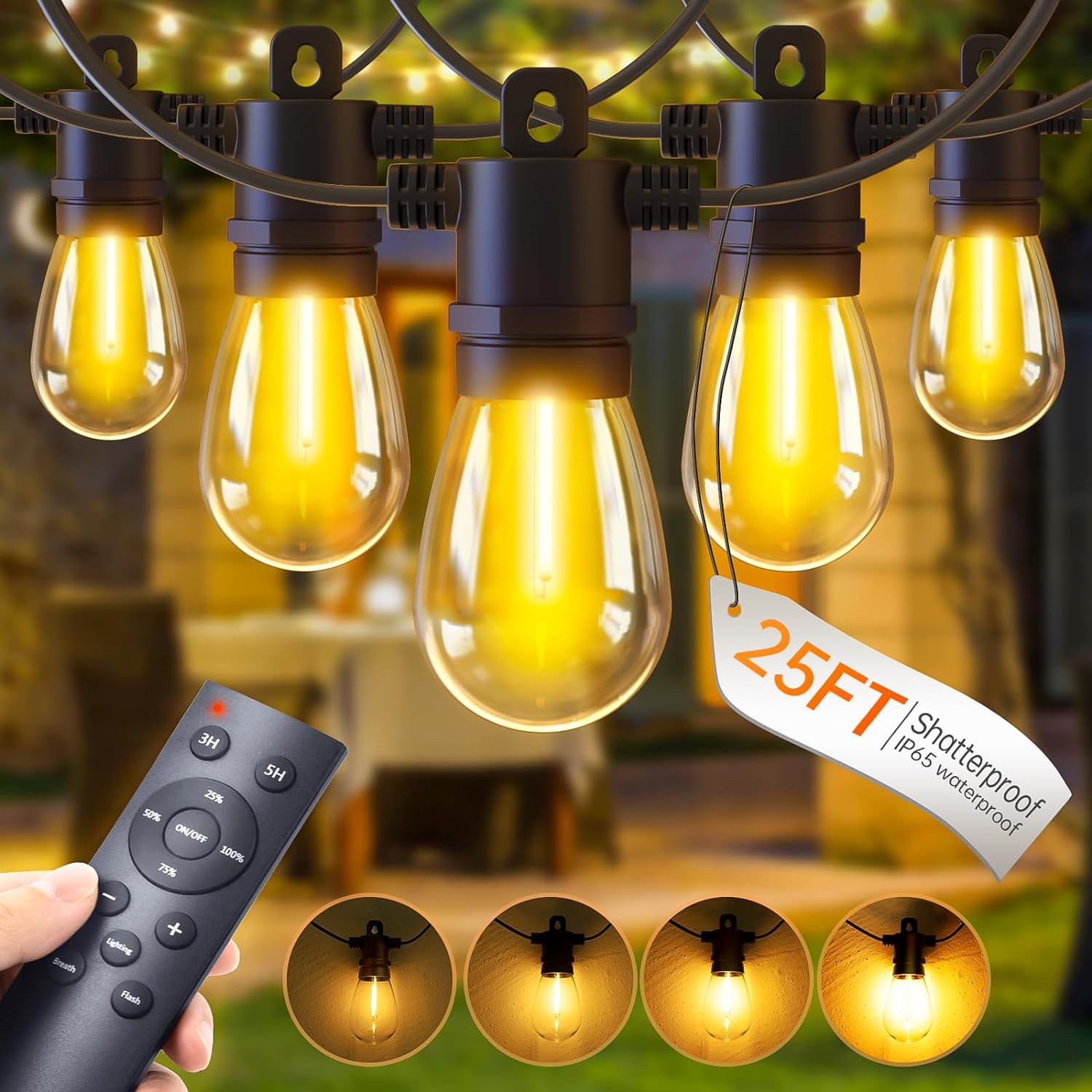 Remote Control Outdoor String Lights - 100FT Dimmable Waterproof Patio ...