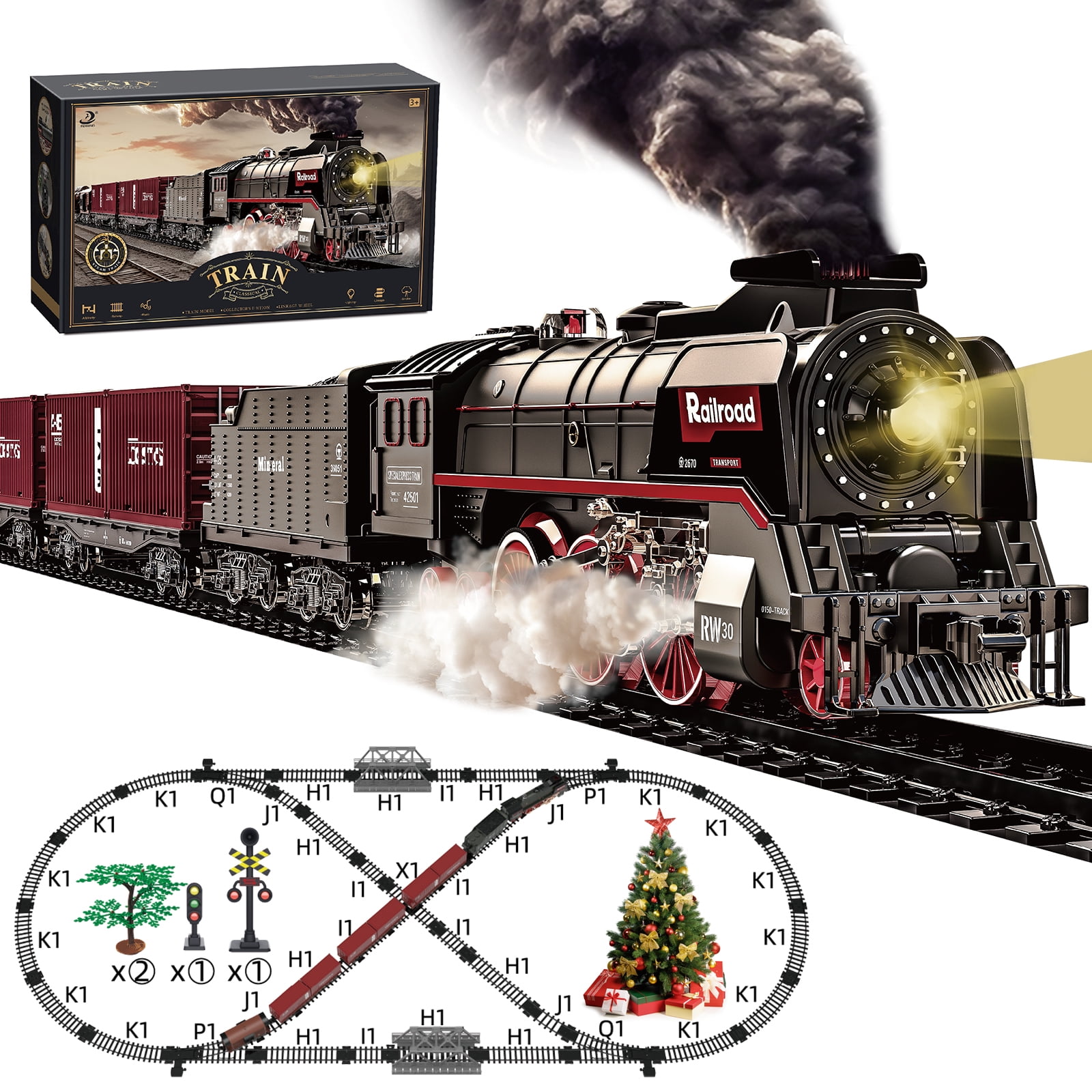 Remote Control Train Set, Electric Train Track Toy with Smoke, Light ...
