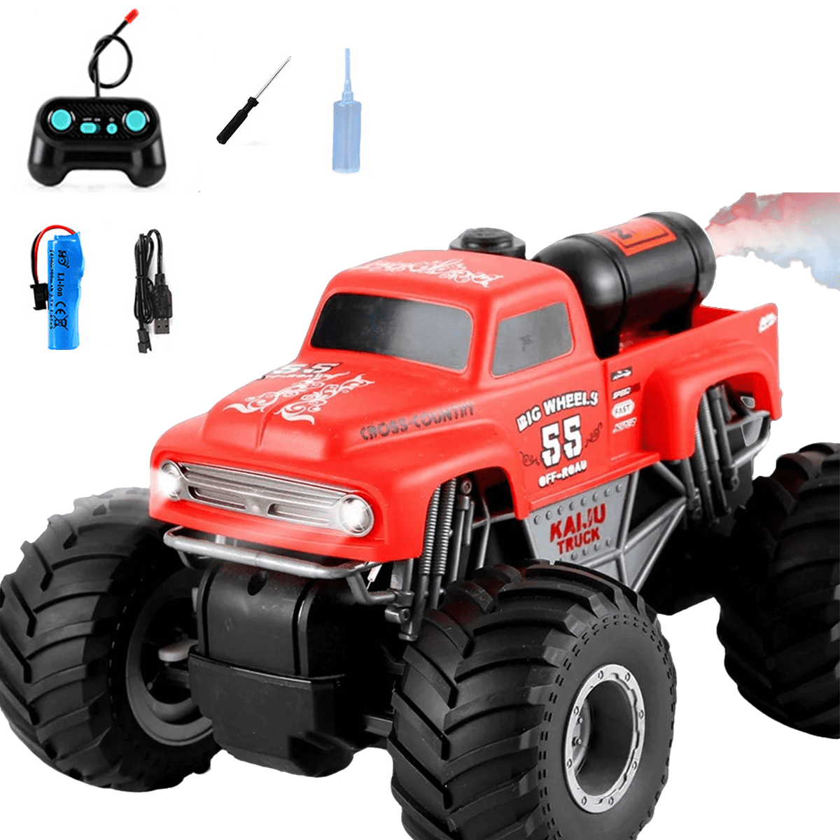 Remote Control Truck for Kids with Spray & Light, 1:16 All Terrain RC Car for Age 3+(Red ...