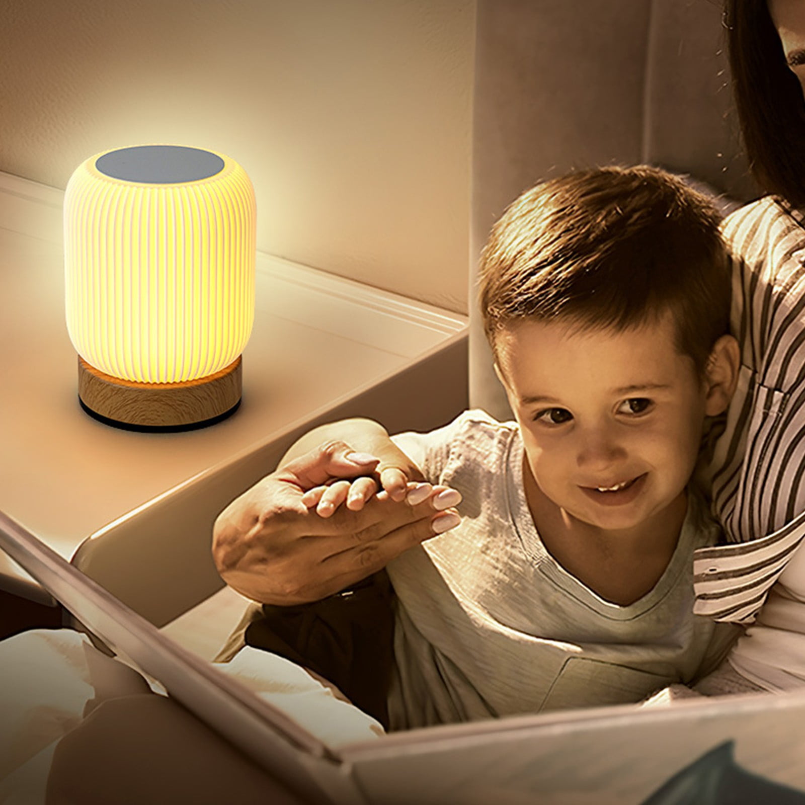 Remote Control Wood Grain Table Lamp, Bedside Night Light, Dimmable ...
