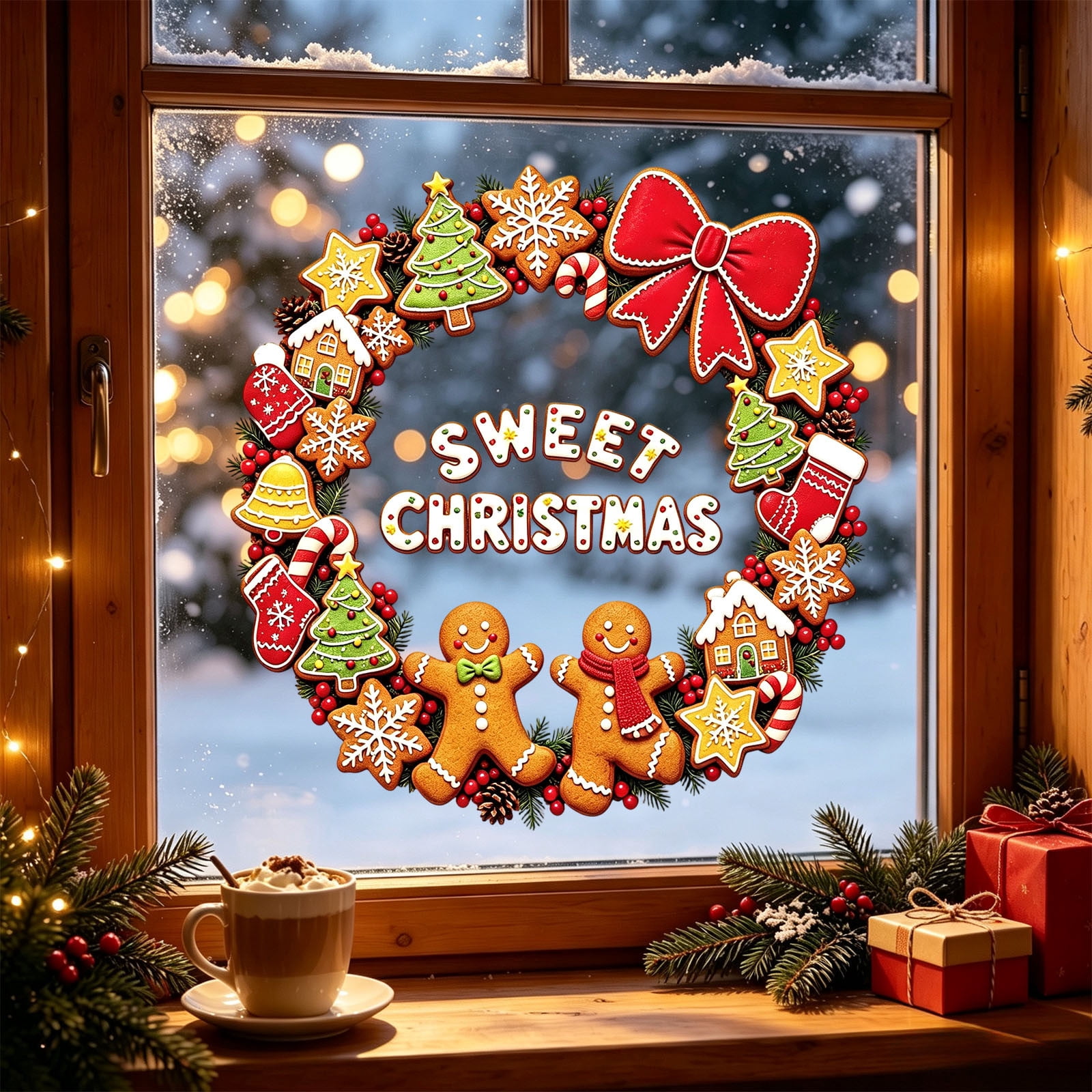 Removable Christmas Wreath Window Decal, Static Cling Glass Sticker ...