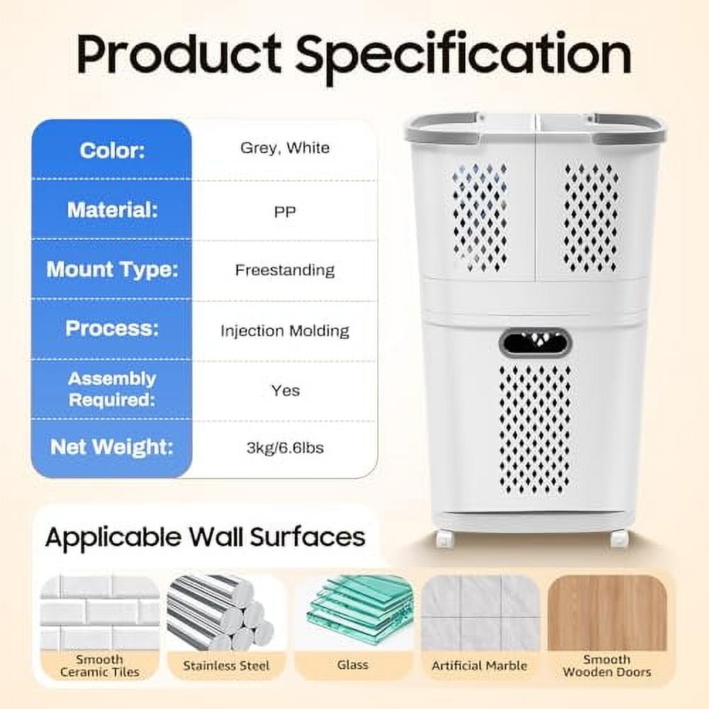 Removable Laundry Basket, 2 Tier Vertical Rolling Laundry Cart ...