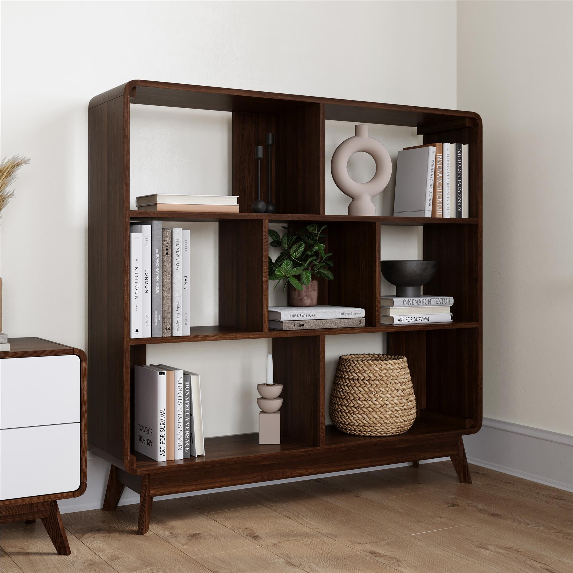 RealRooms Leva Scandinavian 3-Tier Double Bookshelf, Walnut - Walmart.com