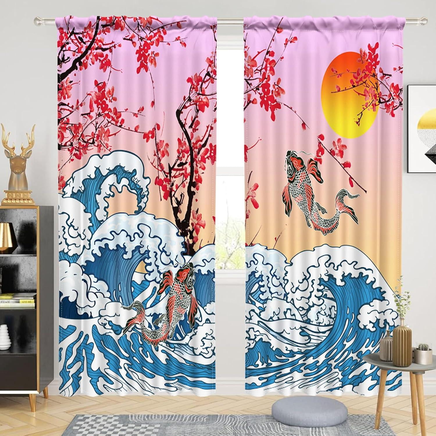 Renaiss 53 x 96 Inch Japanese Anime Great Waves Bedroom Curtains Koi ...