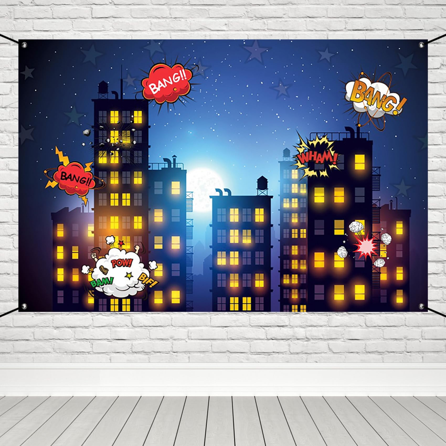 Renaiss 6x3.6ft Superhero Themed Banner Supercity Skyline MHD1Kids ...