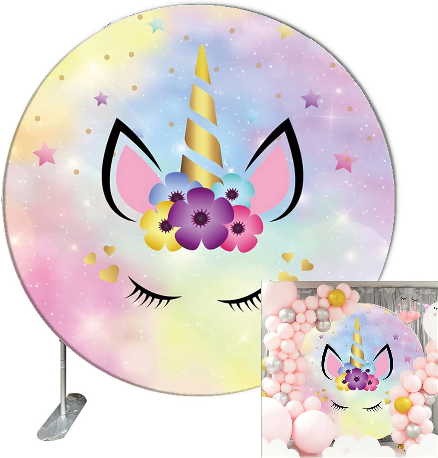 Renaiss Unicorn Round Backdrop Cover, Floral Unicorn Colorful Rainbow Fairy Starry Round ...